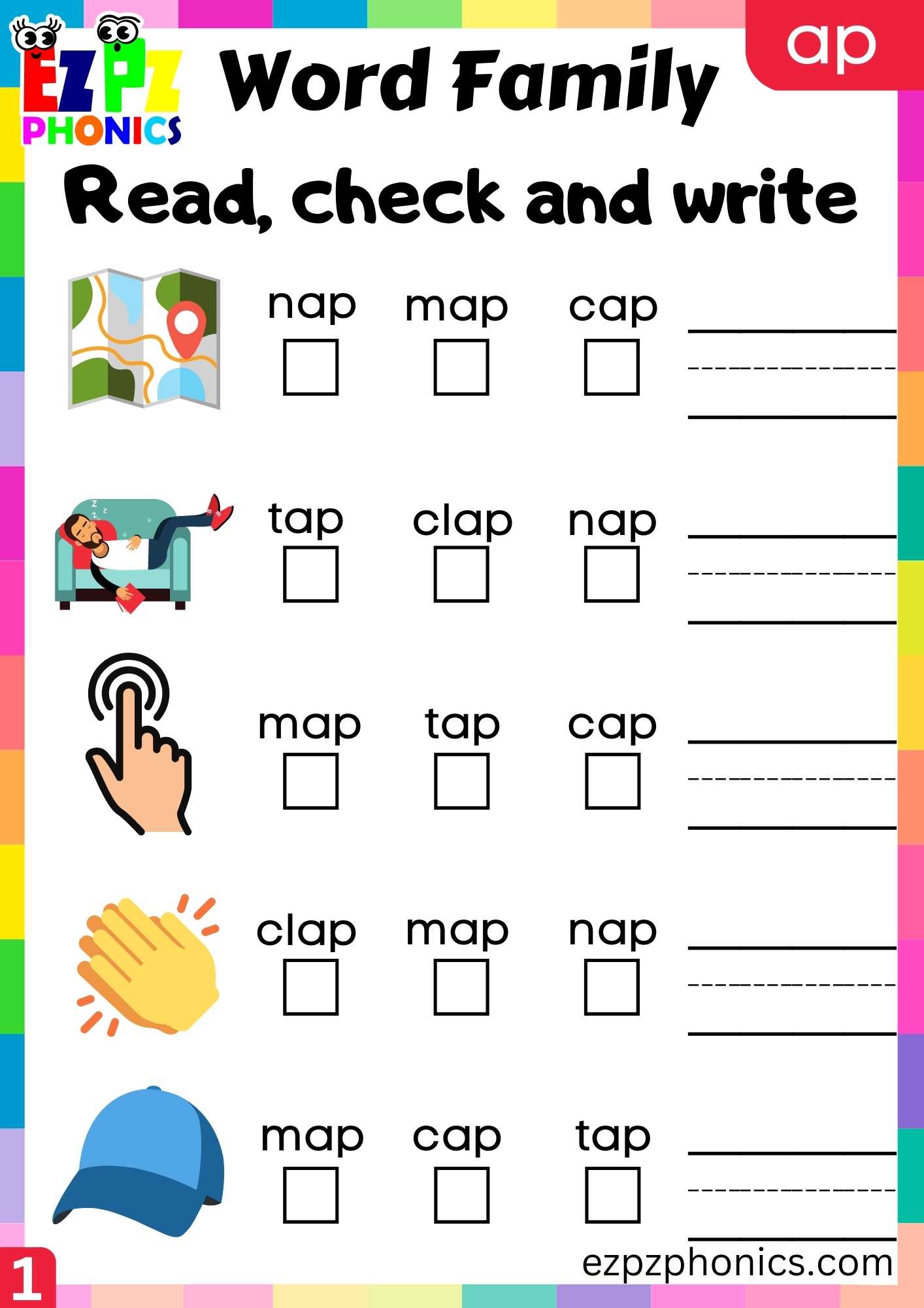 AP Words Read, Check And Write Phonics Word Families Worksheet - ezpzphonics.com